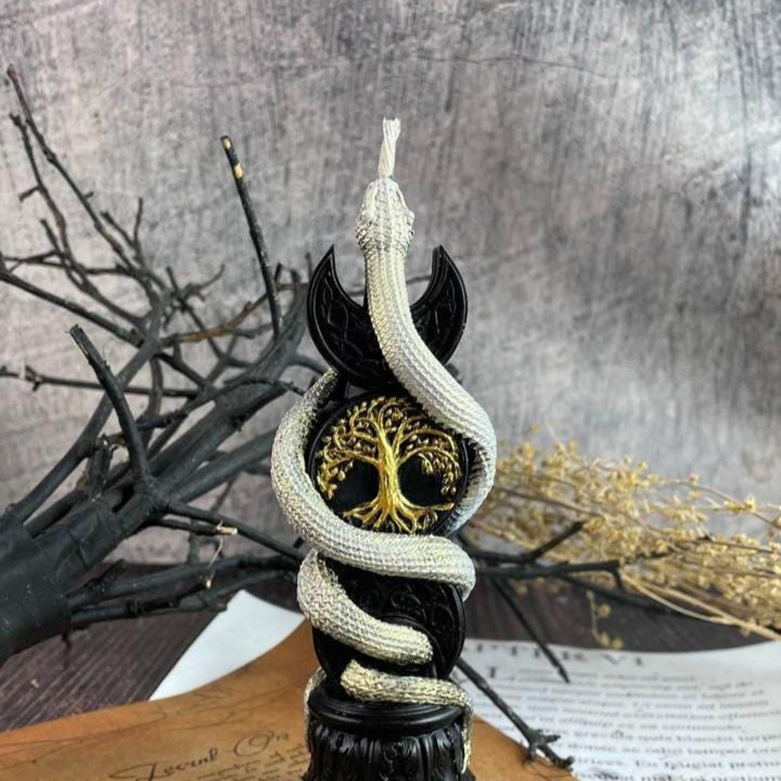 Serpent and Tree of Life Black Ritual Candle – Wax Totem for Wisdom and ...