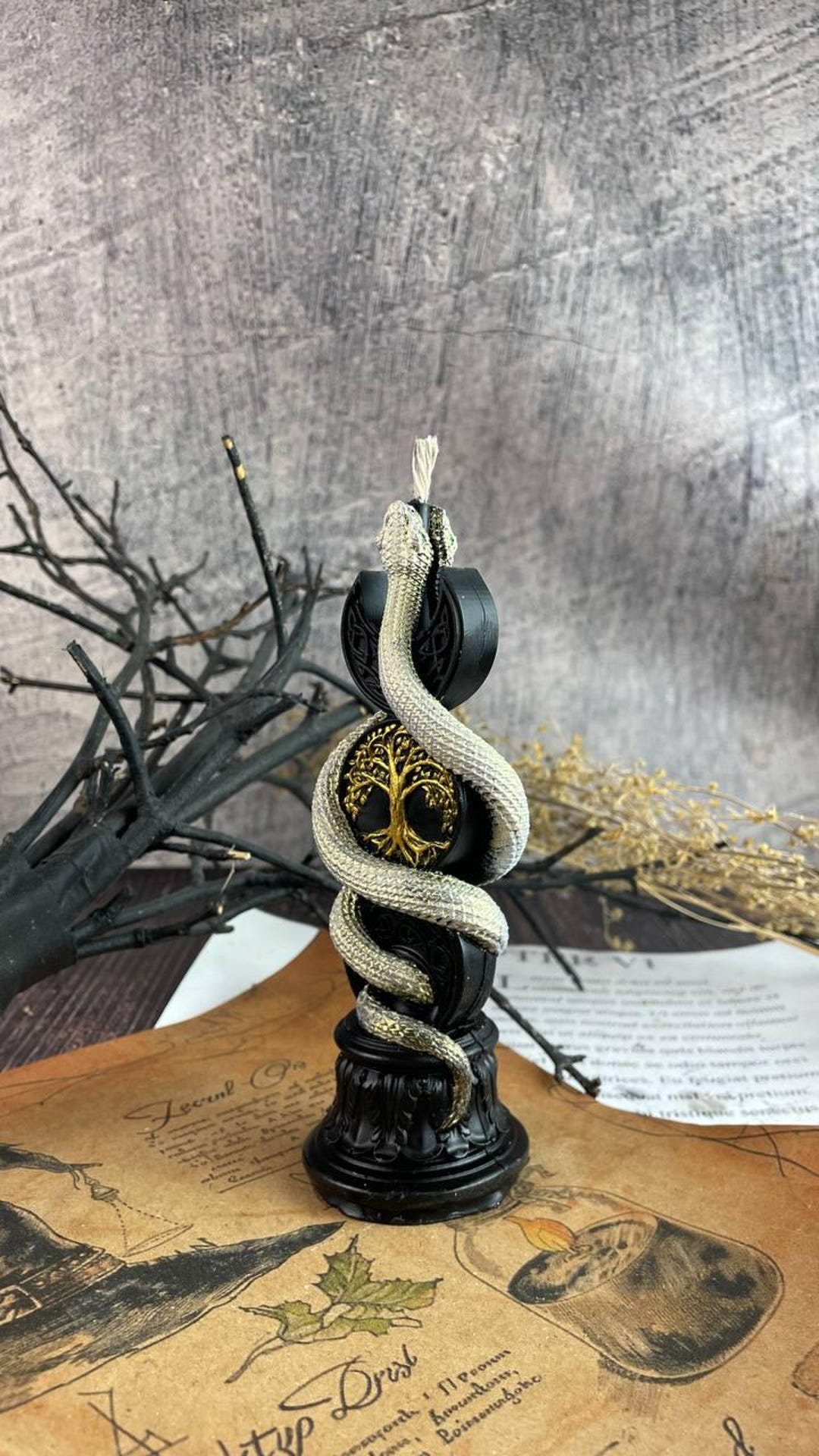 Serpent and Tree of Life Black Ritual Candle – Wax Totem for Wisdom and ...