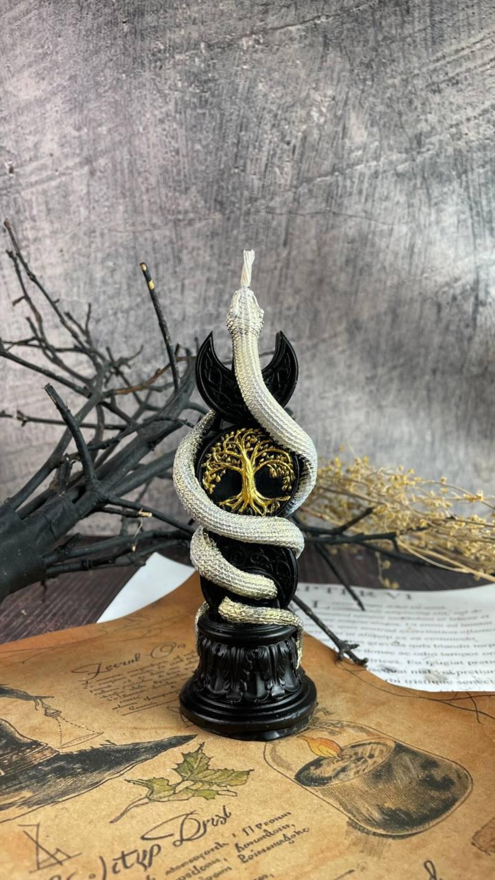 Serpent and Tree of Life Black Ritual Candle – Wax Totem for Wisdom and ...