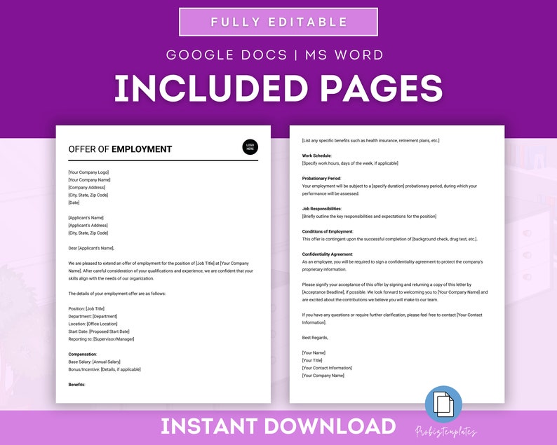 Offer of Employment Letter Template, Job Offer Letter, Employee Job ...