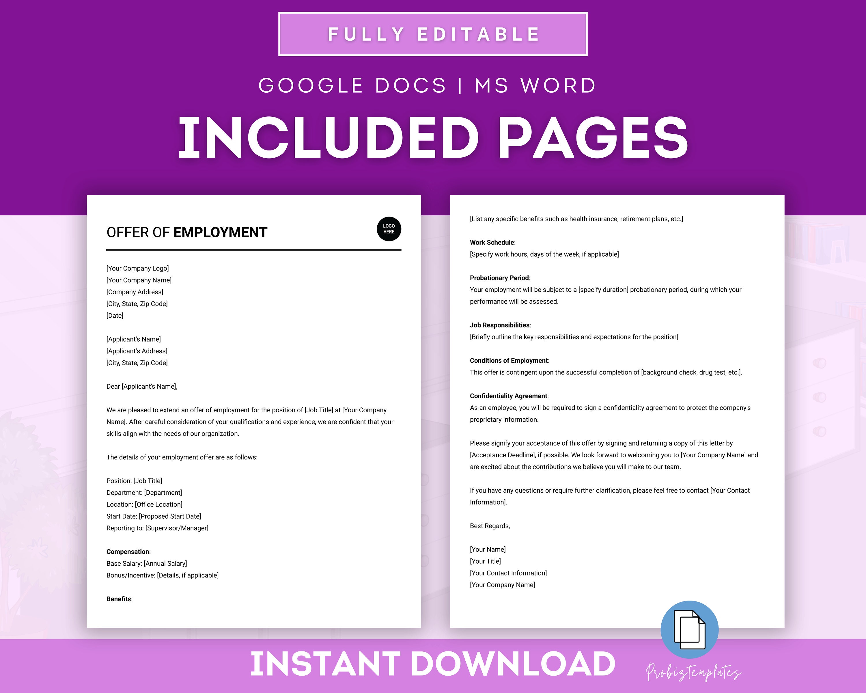 Offer of Employment Letter Template, Job Offer Letter, Employee Job ...