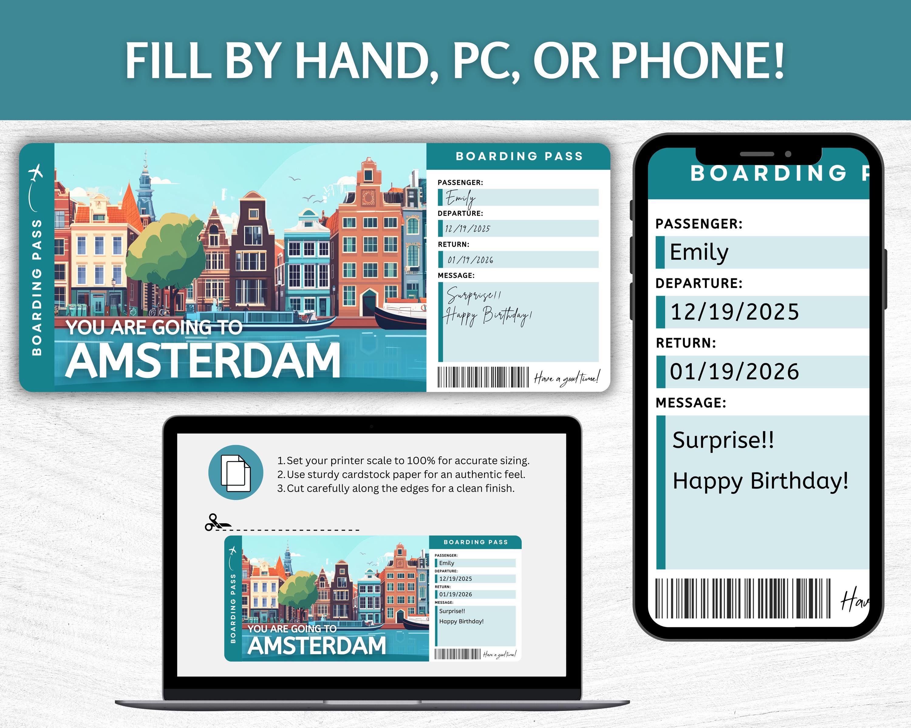 Printable Amsterdam Surprise Gift Ticket, Editable Netherlands Boarding ...
