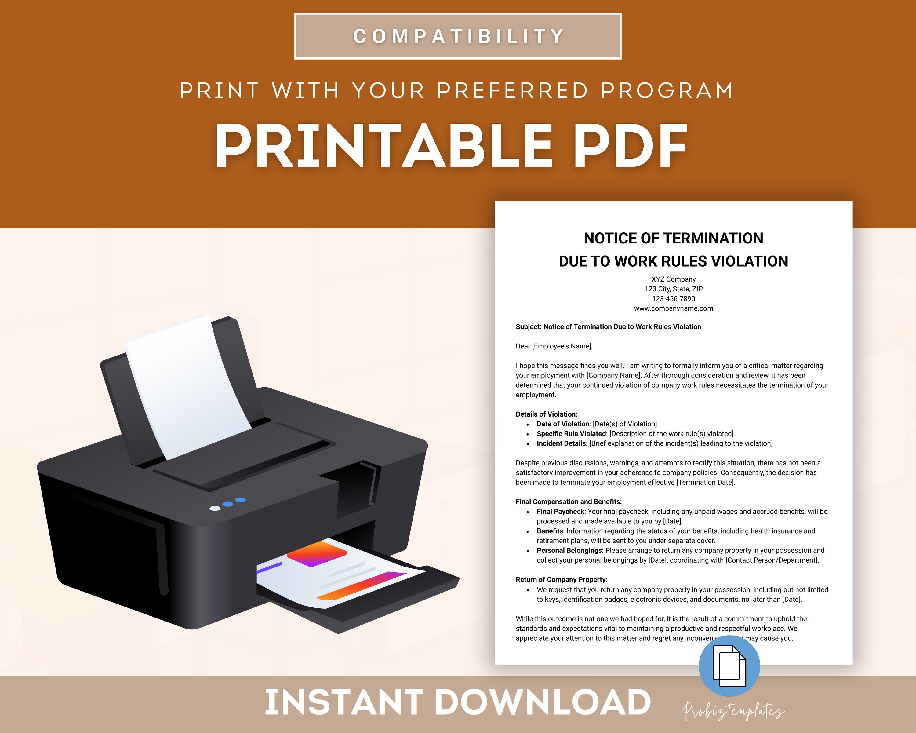 Notice of Termination Due to Work Rules Violation Letter Template ...
