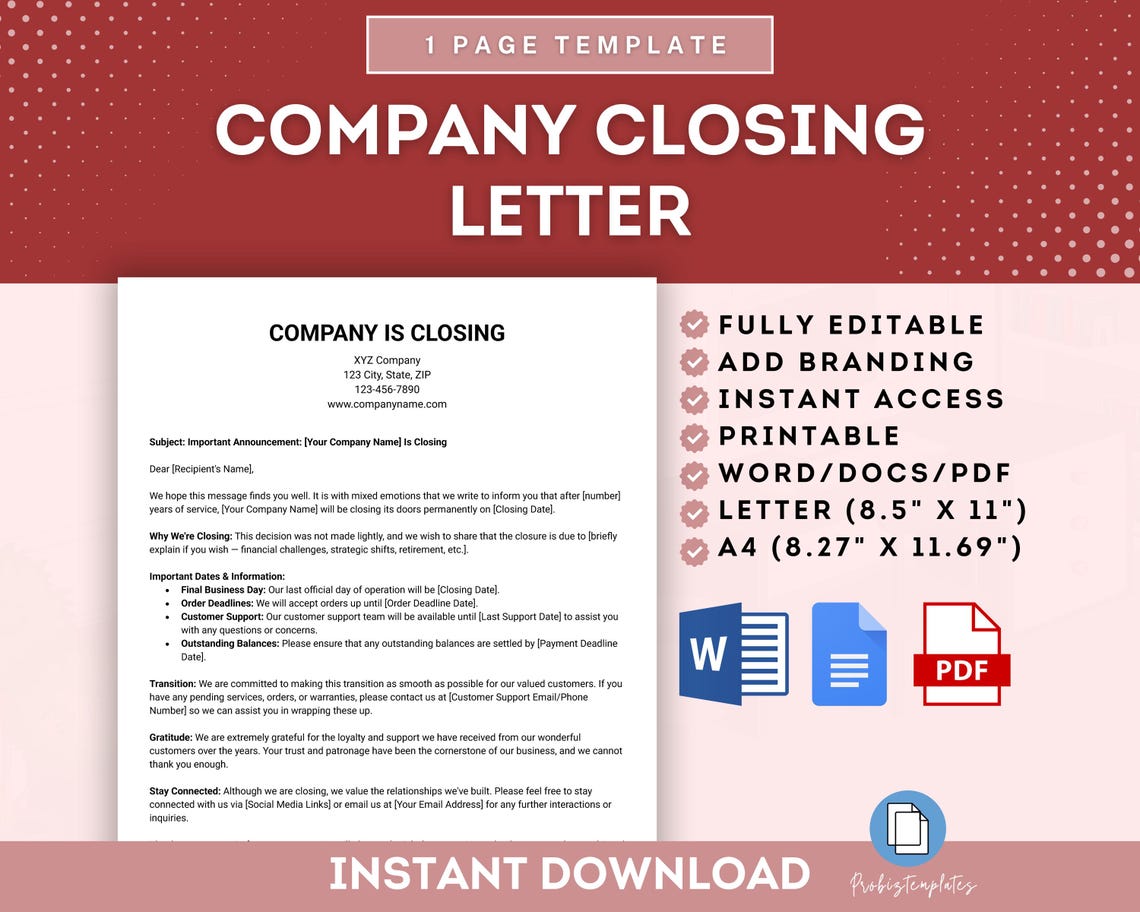 Company Closing Letter, Business Closure Notification, Company Shutdown ...