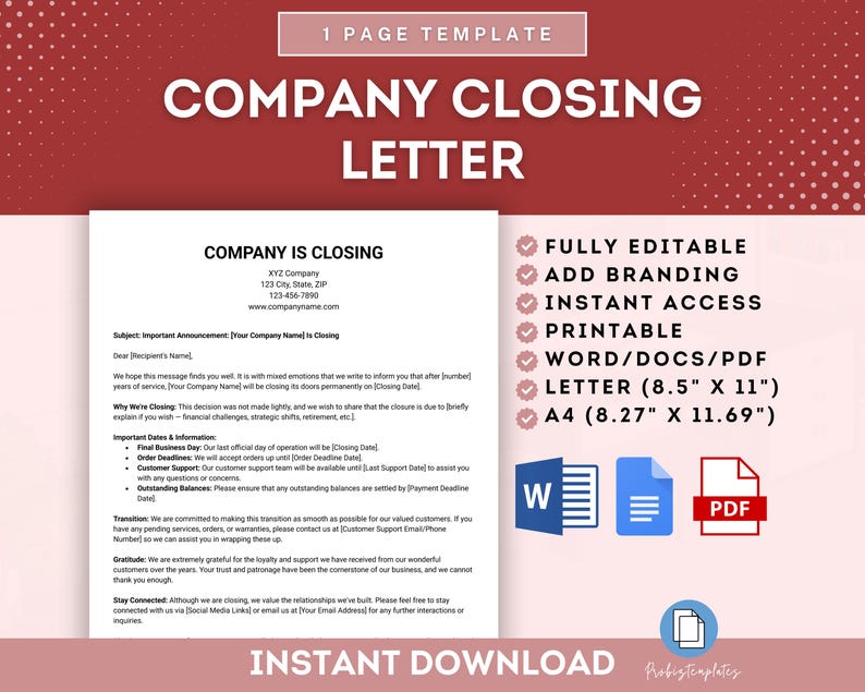 Company Closing Letter, Business Closure Notification, Company Shutdown ...