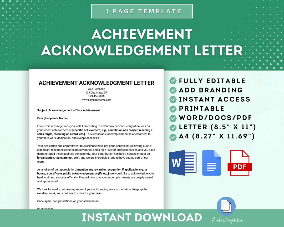 Achievement Acknowledgement Letter Template, Employee Achievement ...