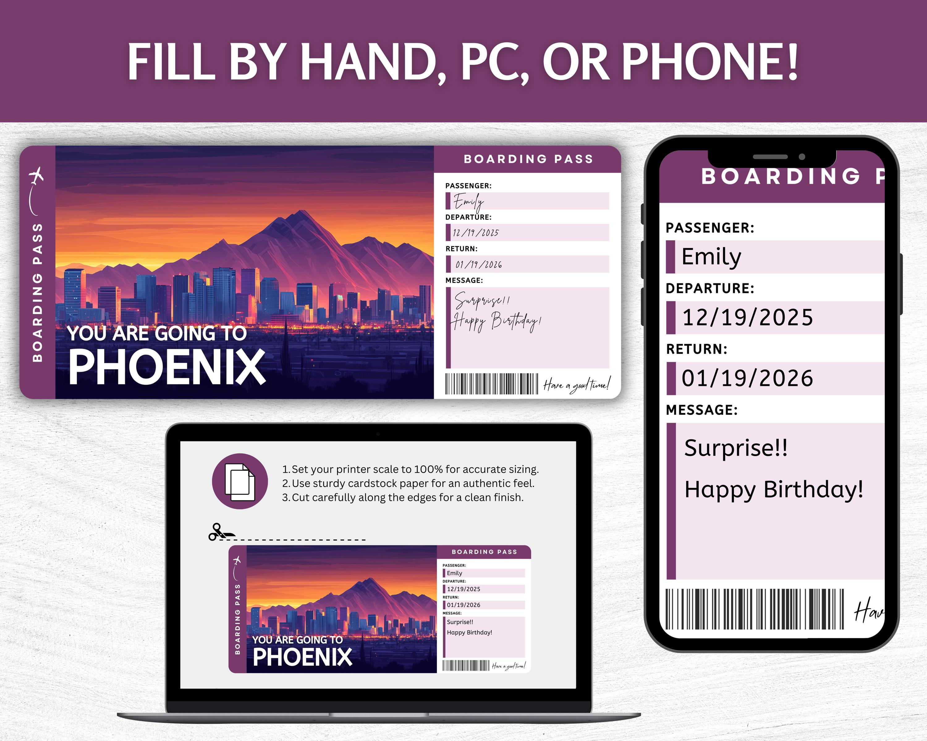 Printable Phoenix Surprise Gift Ticket, Editable Arizona Boarding Pass ...
