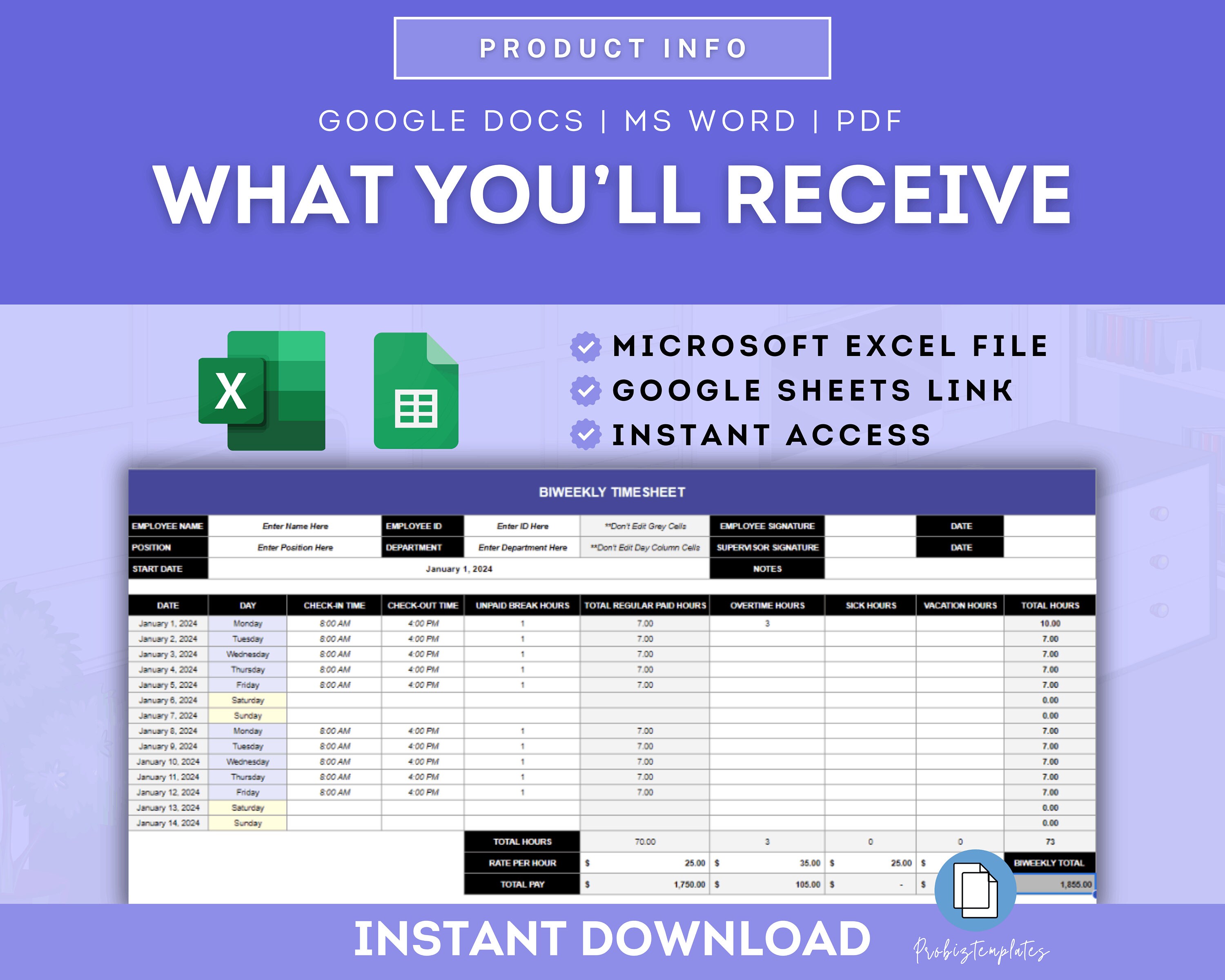 Employee Biweekly & Weekly Timesheet, Work Hours Record, Staff Hours ...