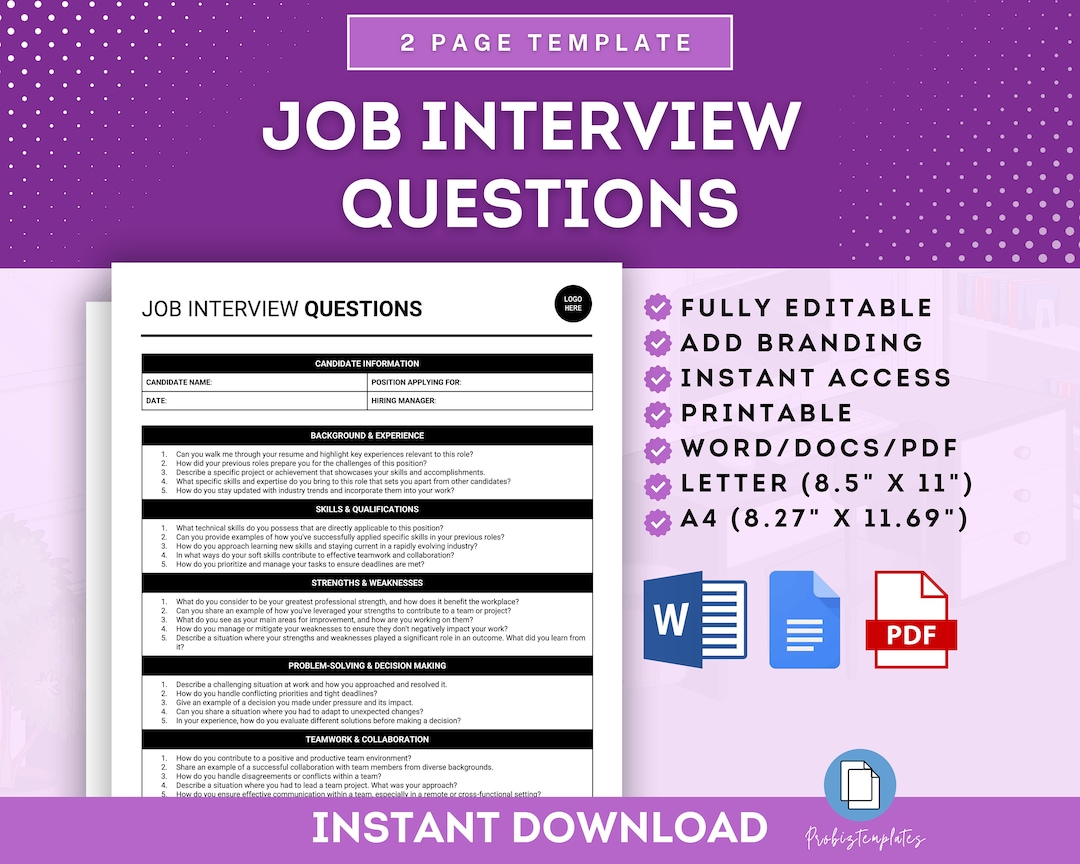 Job Interview Questions Template, Hiring Job Interview Template ...