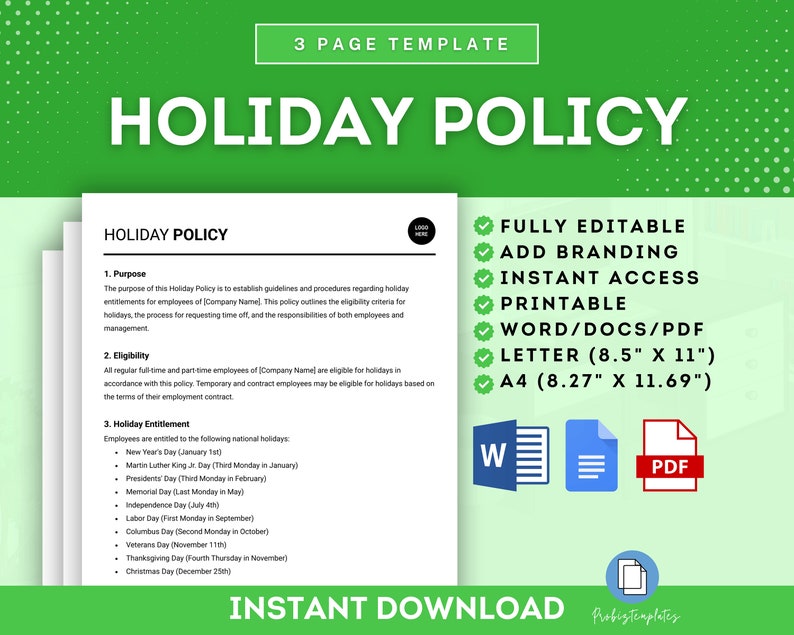 Employee Holiday Policy Template, Employee Holiday Benefits Policy ...
