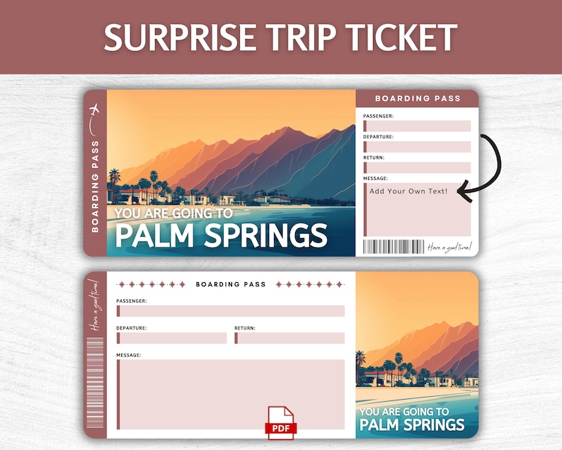 Printable Palm Springs Surprise Gift Ticket, Editable California ...