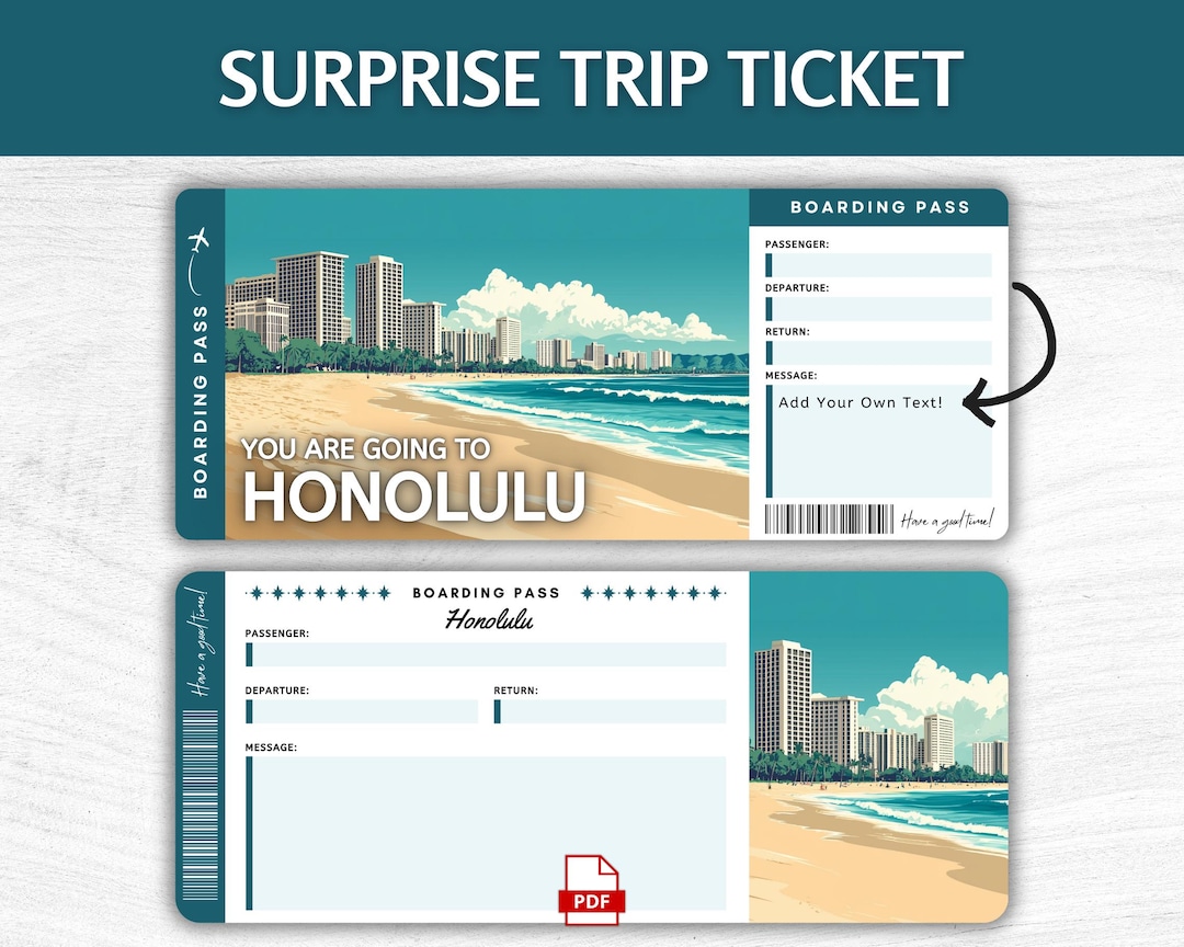 Printable Honolulu Surprise Gift Ticket, Editable Hawaii Vacation ...