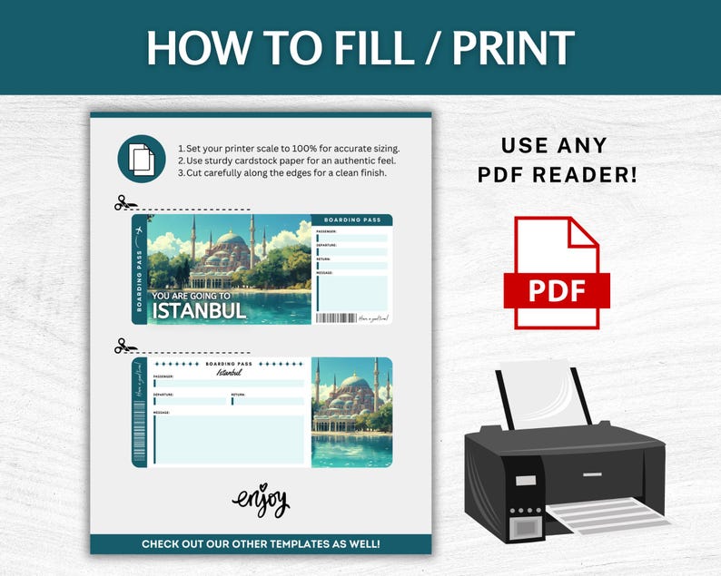 Printable Istanbul Surprise Gift Ticket, Editable Turkey Vacation ...
