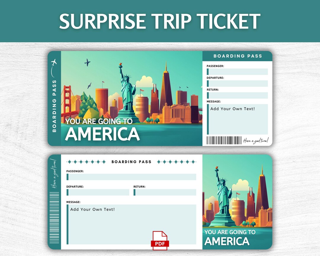 Printable America Surprise Gift Ticket, Editable USA Vacation Boarding ...