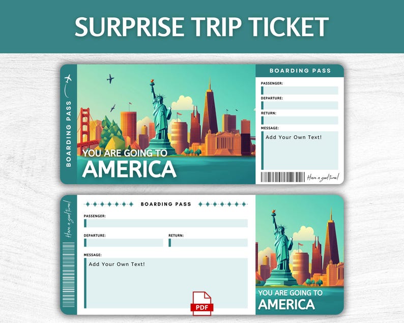 Printable America Surprise Gift Ticket, Editable USA Vacation Boarding ...