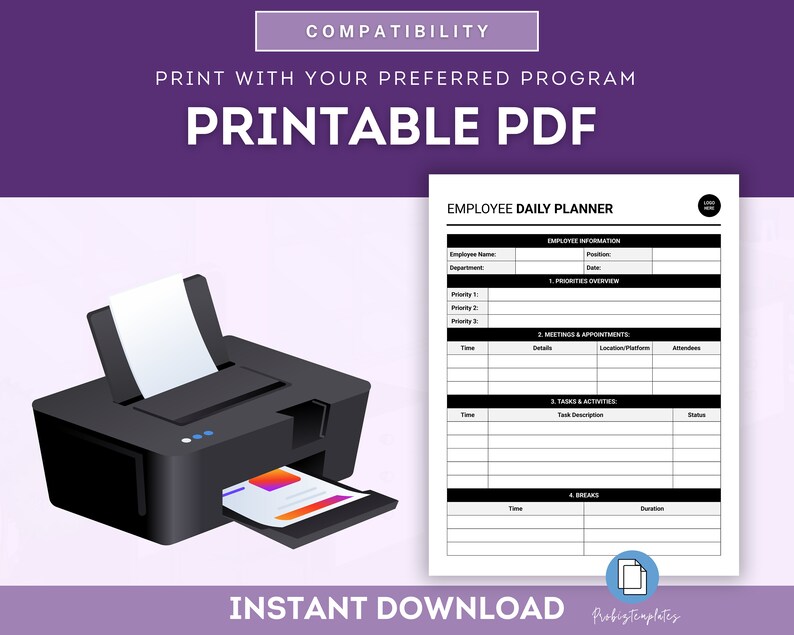 Employee Daily Planner Template, Workday Organizer, Employee Task ...