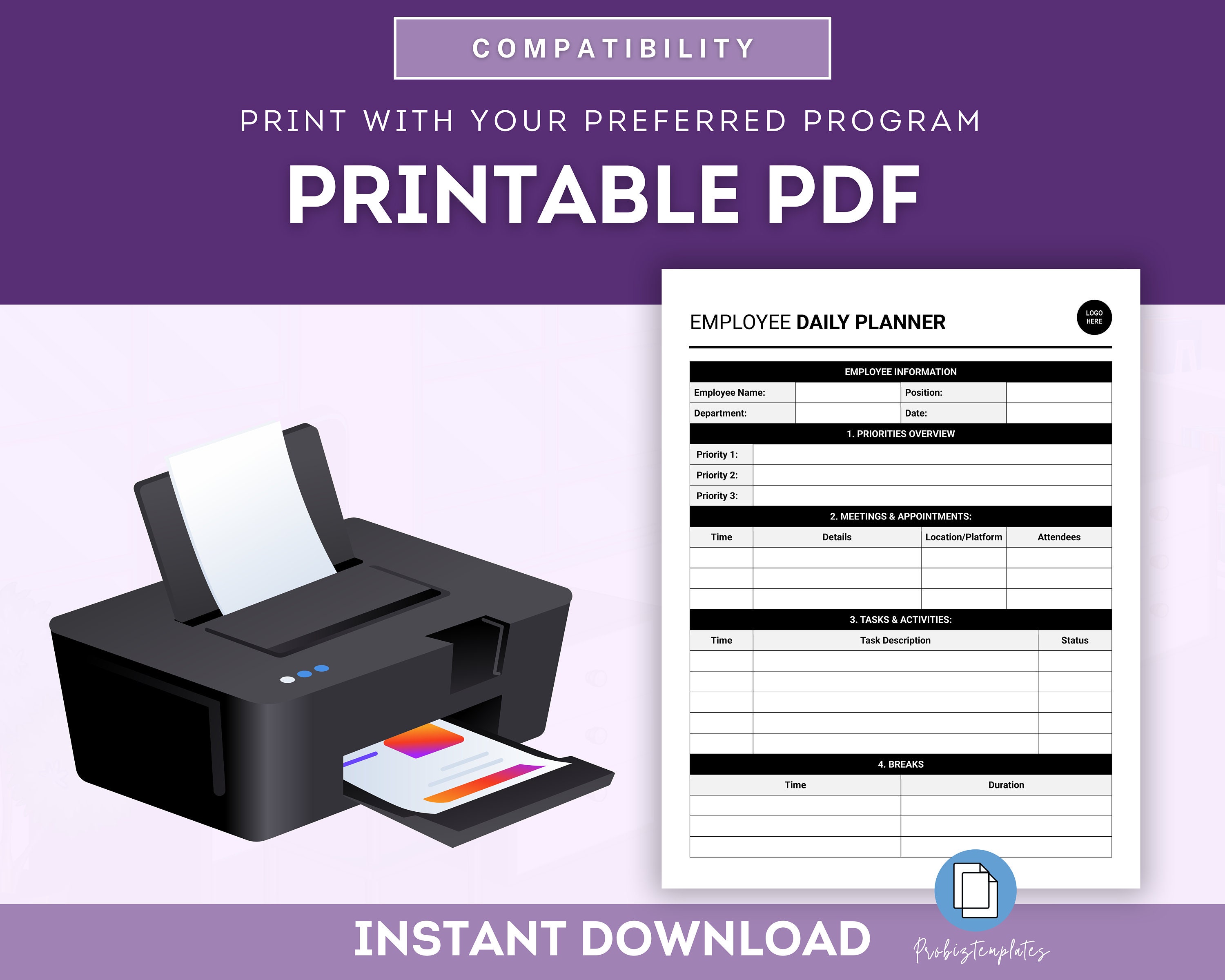 Employee Daily Planner Template, Workday Organizer, Employee Task ...