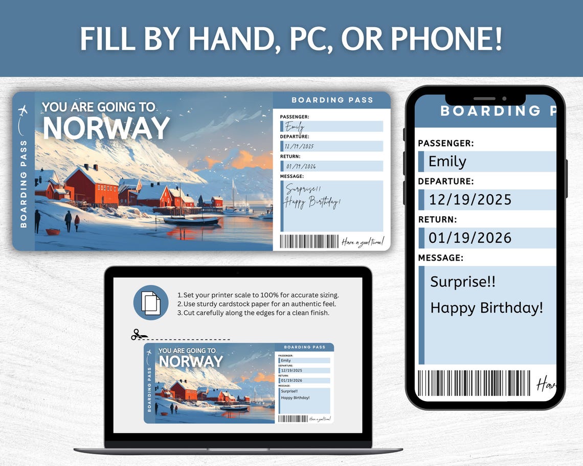 Printable Norway Surprise Gift Ticket, Editable Oslo Boarding Pass ...