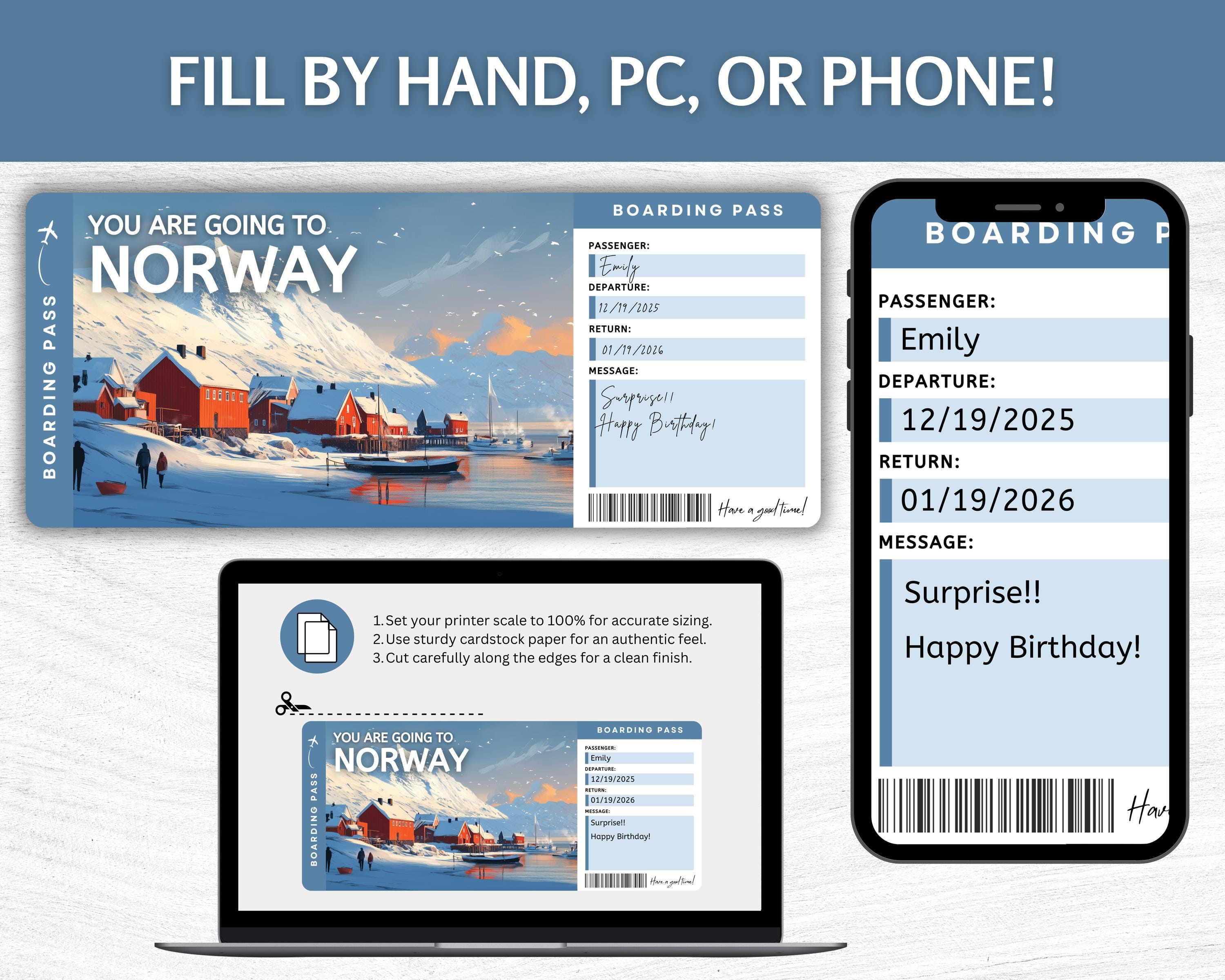 Printable Norway Surprise Gift Ticket, Editable Oslo Boarding Pass ...