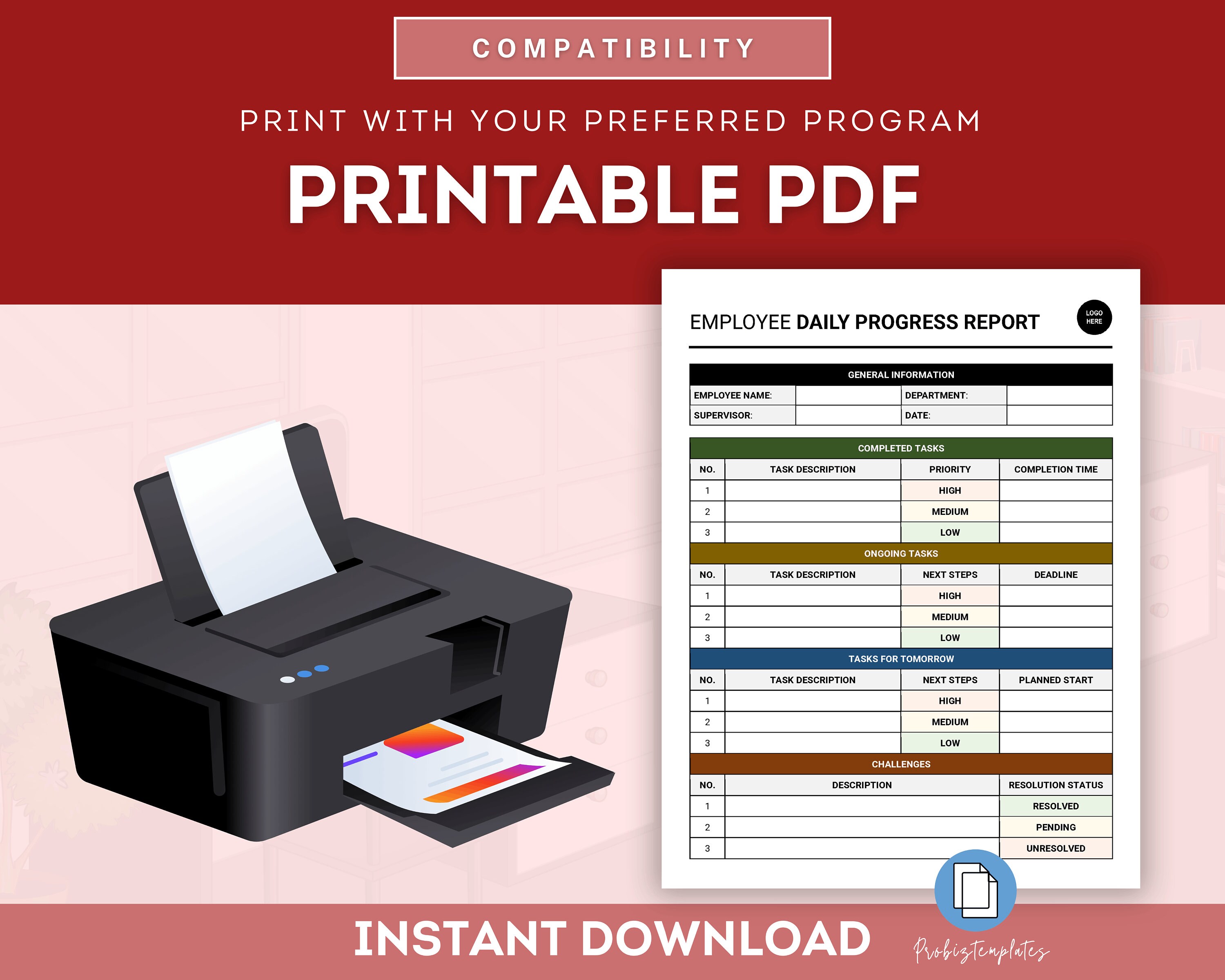 Employee Daily & Weekly Progress Report Template, Employee Daily and ...
