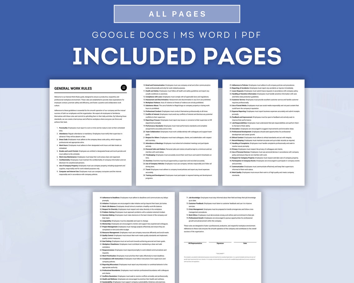 General Work Rules Template, Employee Workplace Rules, Company Work ...