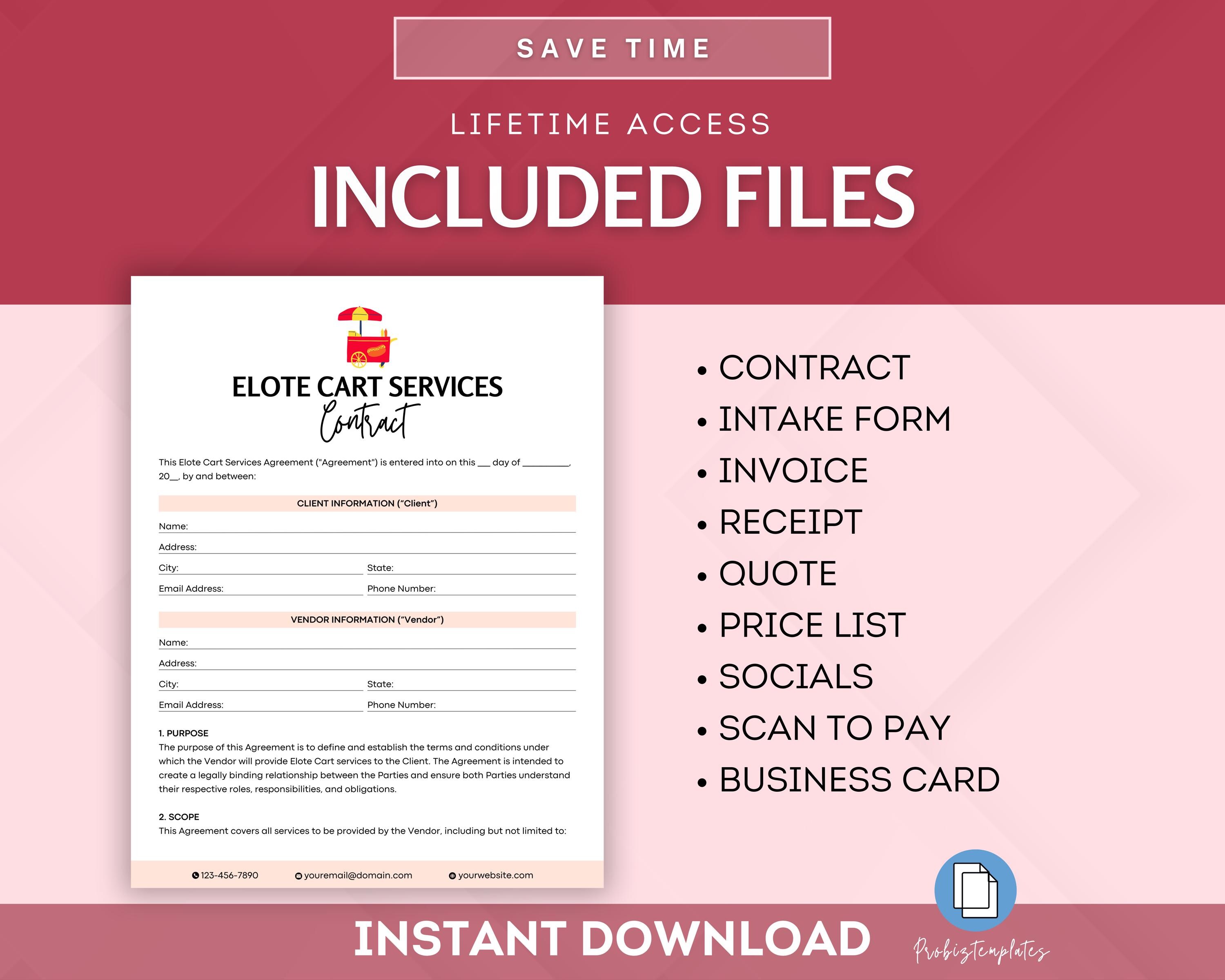 Elote Cart Contract Bundle, Vendor Agreement Template, Street Food ...