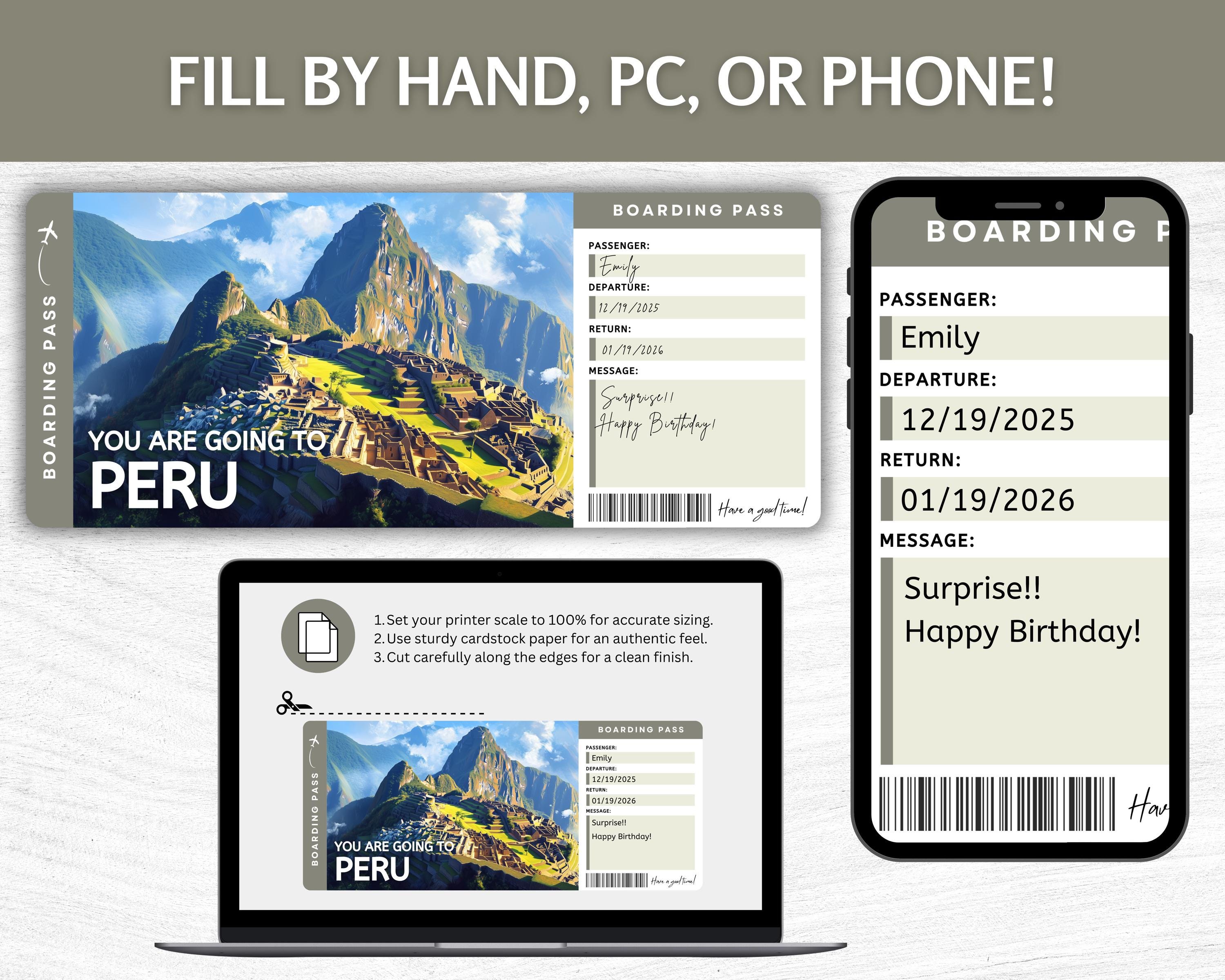 Printable Peru Surprise Gift Ticket, Editable Machu Picchu Boarding ...