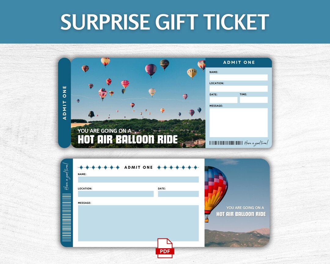 Printable Hot Air Balloon Surprise Ticket, Editable Balloon Ride Gift ...