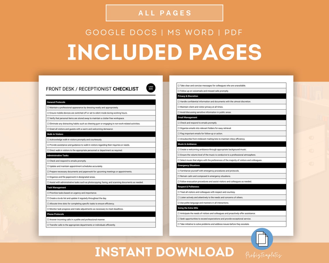Front Desk Receptionist Checklist, Reception Responsibilities ...
