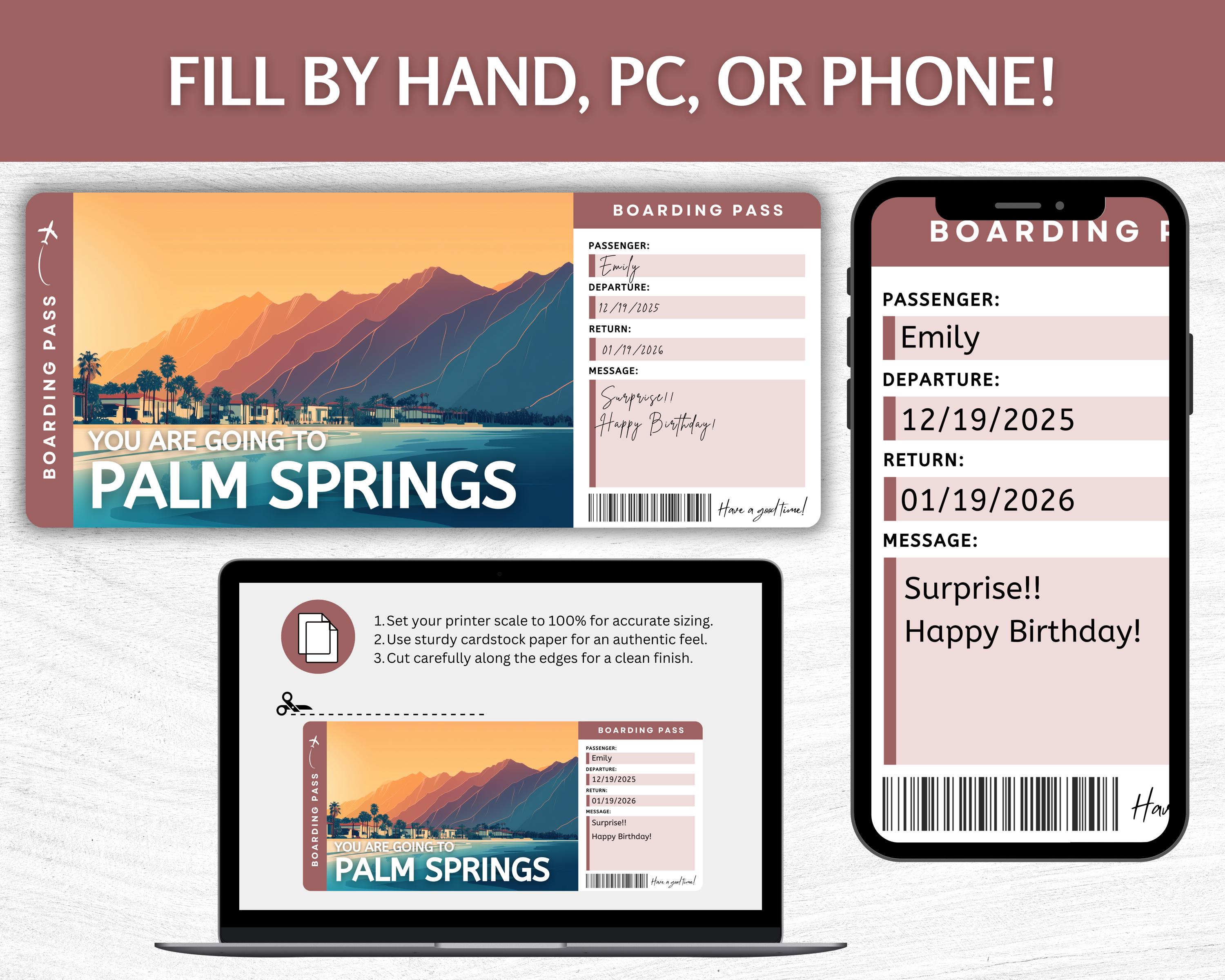 Printable Palm Springs Surprise Gift Ticket, Editable California ...