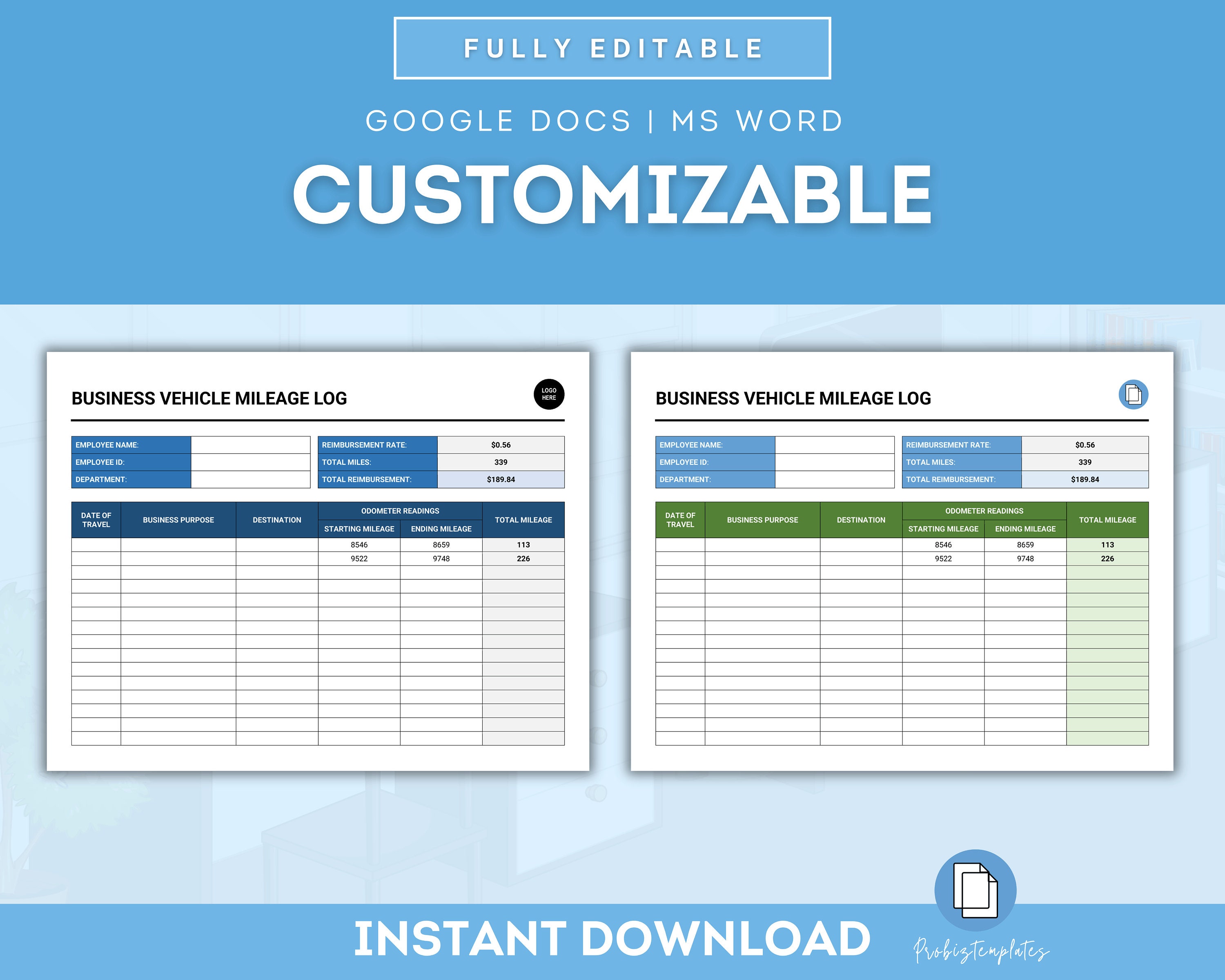 Business Vehicle Mileage Log Template, Business Car Usage Log, Work ...