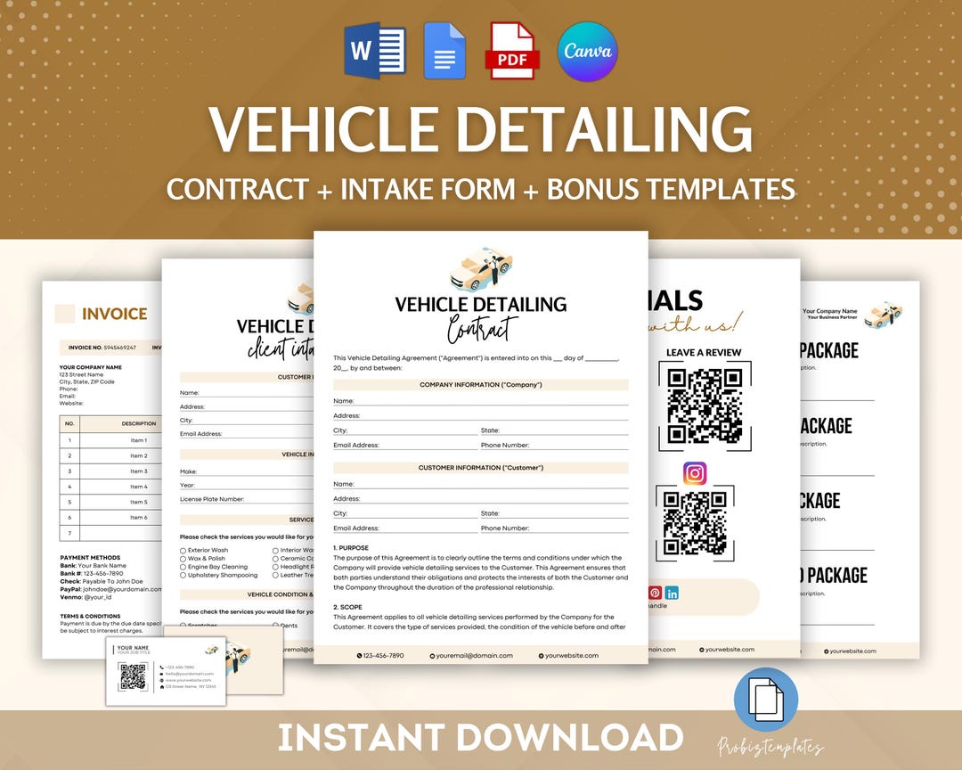 Vehicle Detailing Contract Bundle, Auto Detailing Agreement Template ...