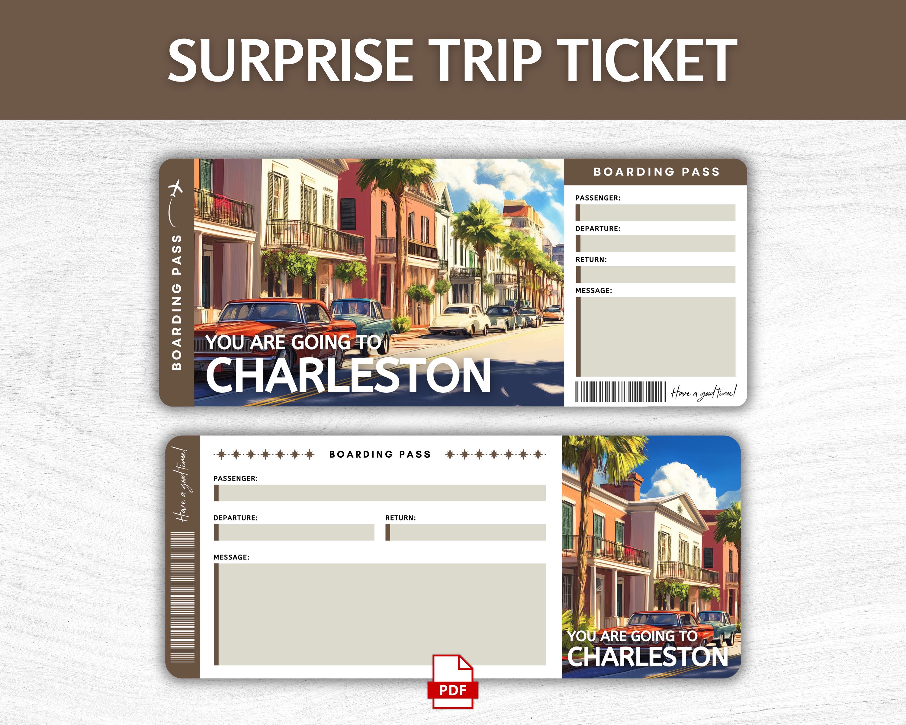 Printable Charleston Surprise Gift Ticket, Editable South Carolina ...