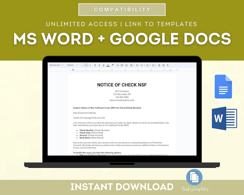 Notice of Check NSF Letter, Non-sufficient Funds Check Notice, Bounced ...