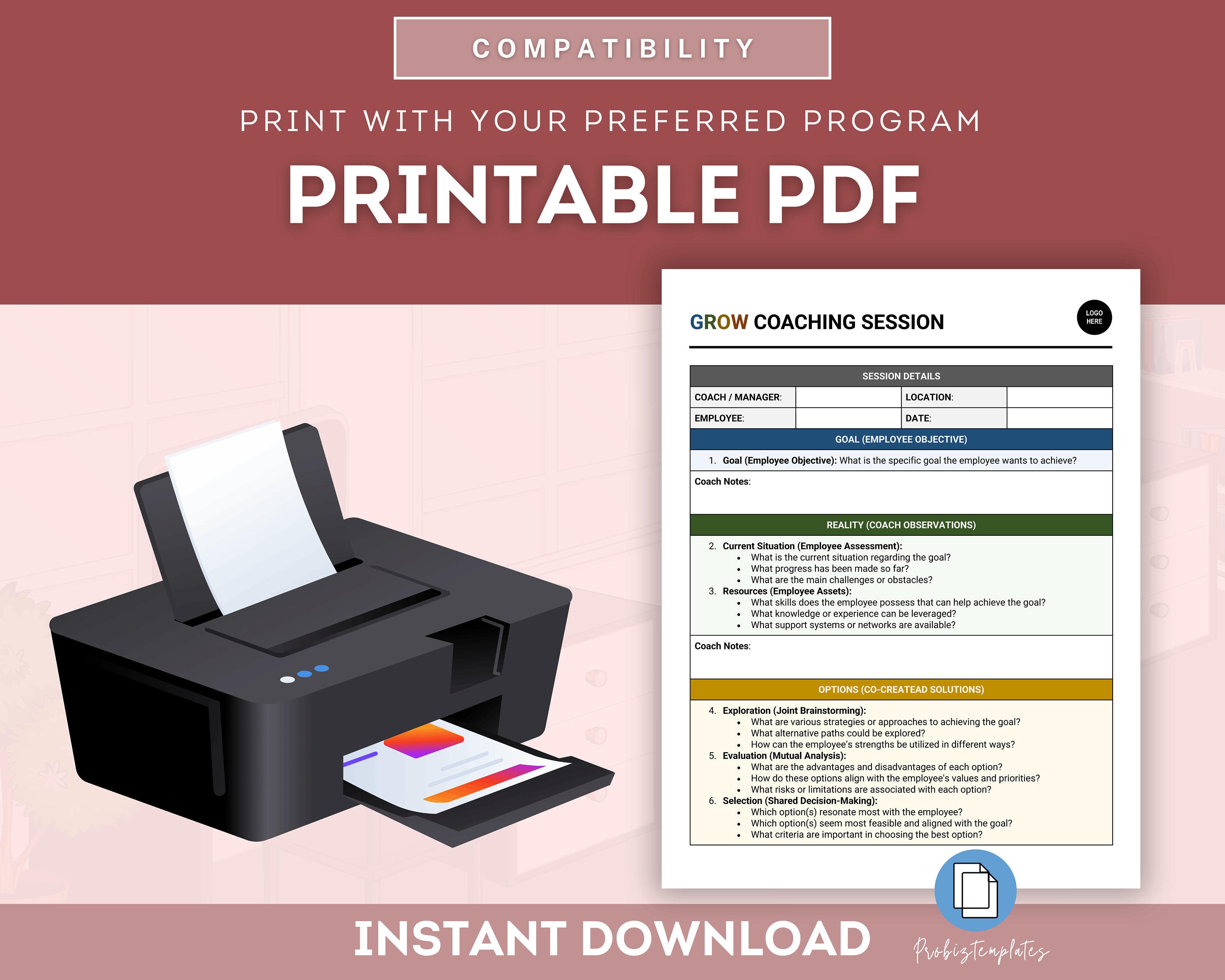 Employee Coaching Session Sheet Template, GROW Coaching Model, Employee ...