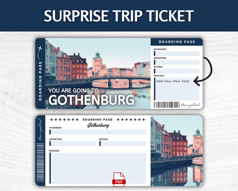 Printable Gothenburg Surprise Gift Ticket, Editable Sweden Boarding ...