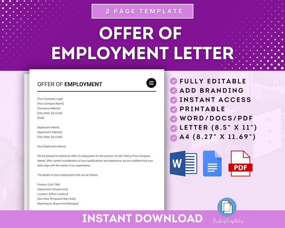 Offer of Employment Letter Template, Job Offer Letter, Employee Job ...