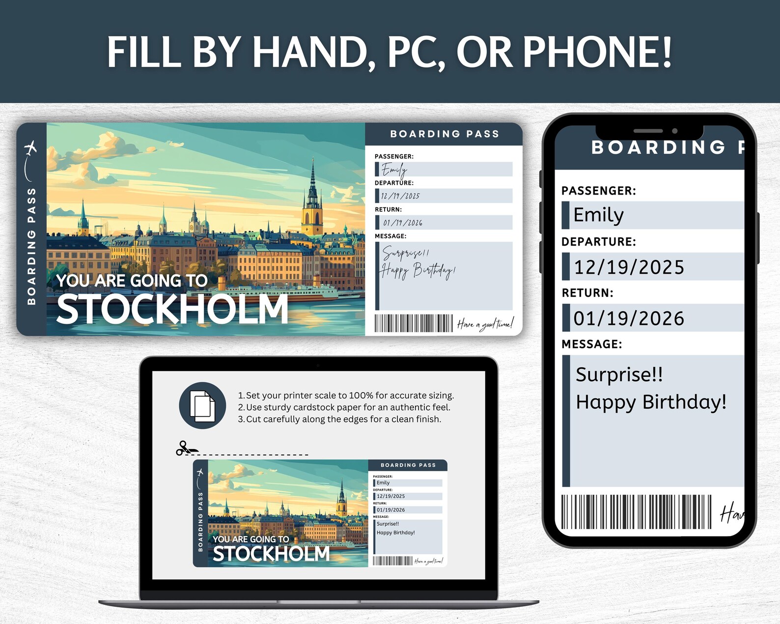 Printable Stockholm Surprise Gift Ticket, Editable Sweden Vacation ...