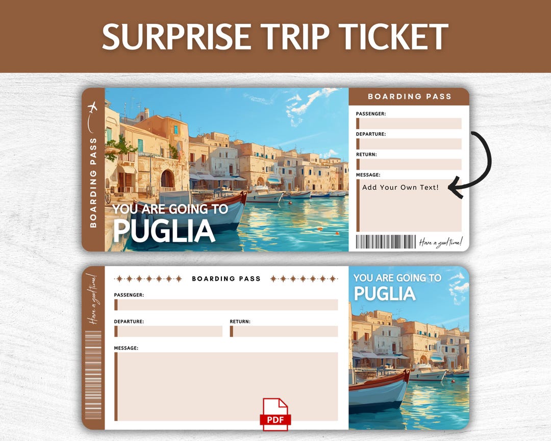 Printable Puglia Surprise Gift Ticket, Editable Italy Vacation Boarding ...