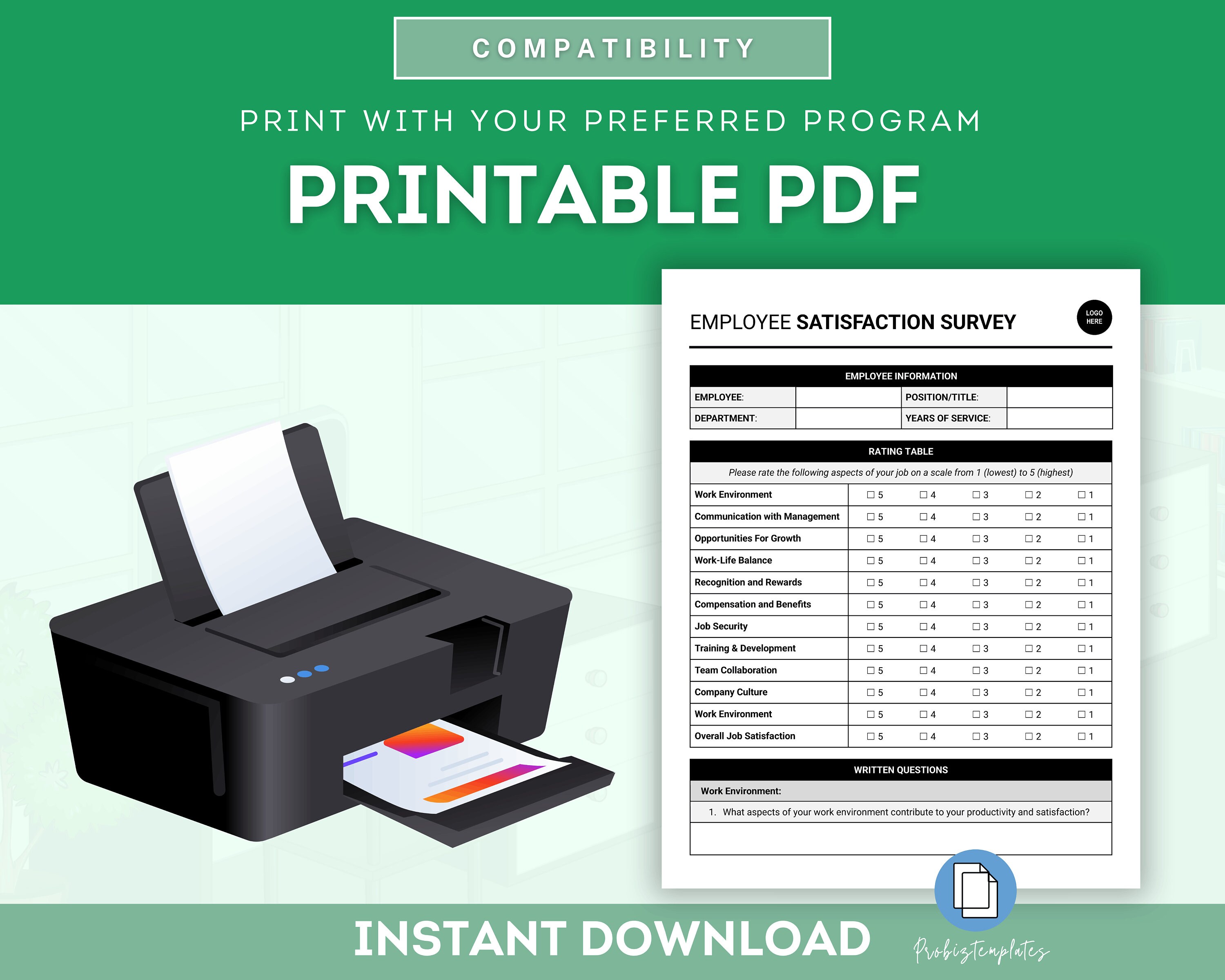 Employee Satisfaction Survey Template, Staff Morale Assessment, Worker ...