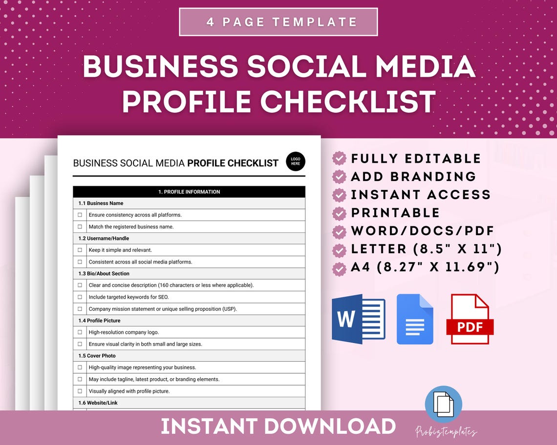 Business Social Media Profile Checklist Template, Social Media ...