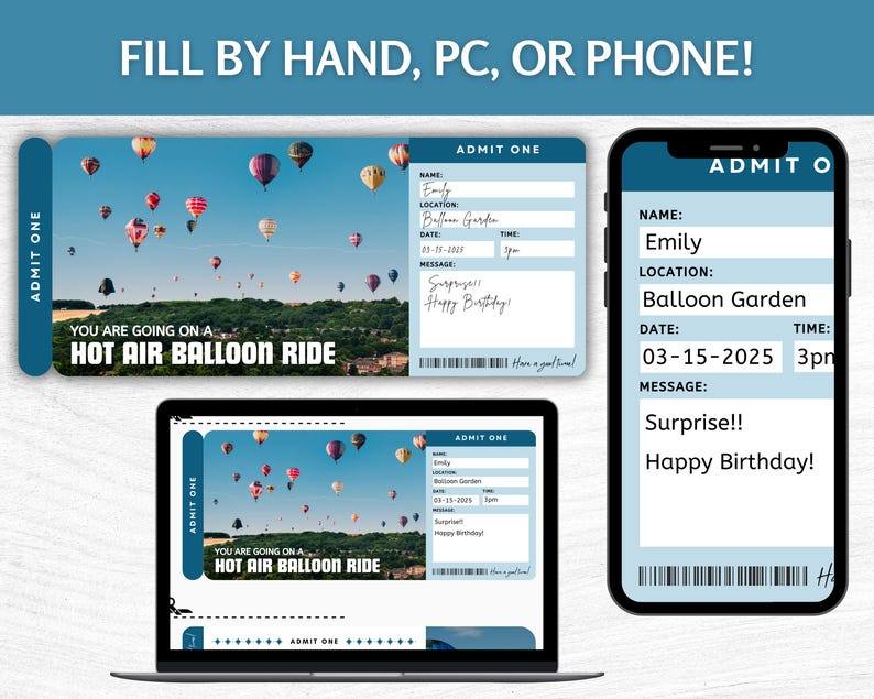 Printable Hot Air Balloon Surprise Ticket, Editable Balloon Ride Gift ...