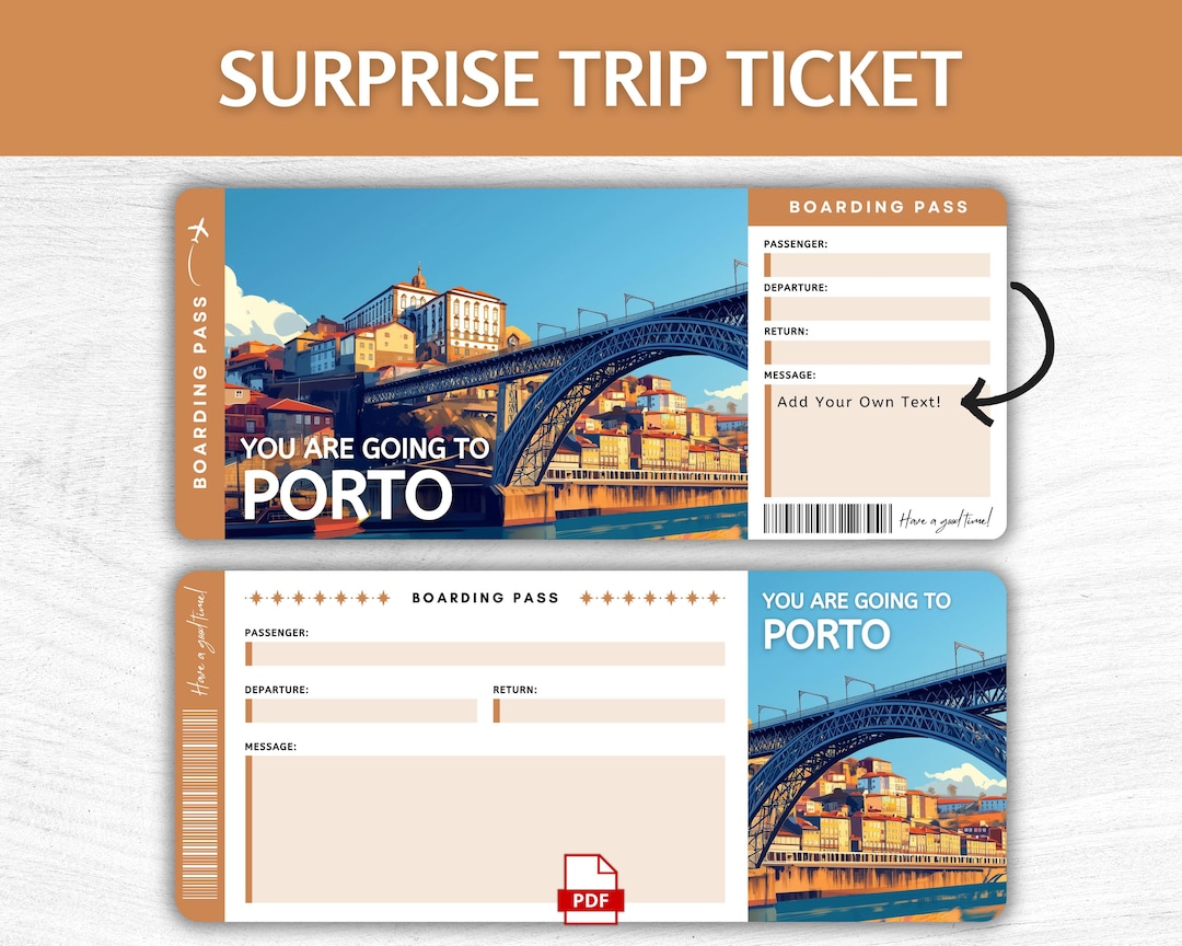 Printable Porto Surprise Gift Ticket, Editable Portugal Vacation ...