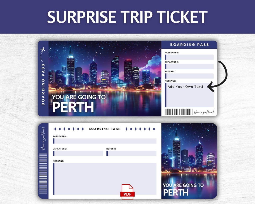 Printable Perth Surprise Gift Ticket, Editable Australia Vacation ...
