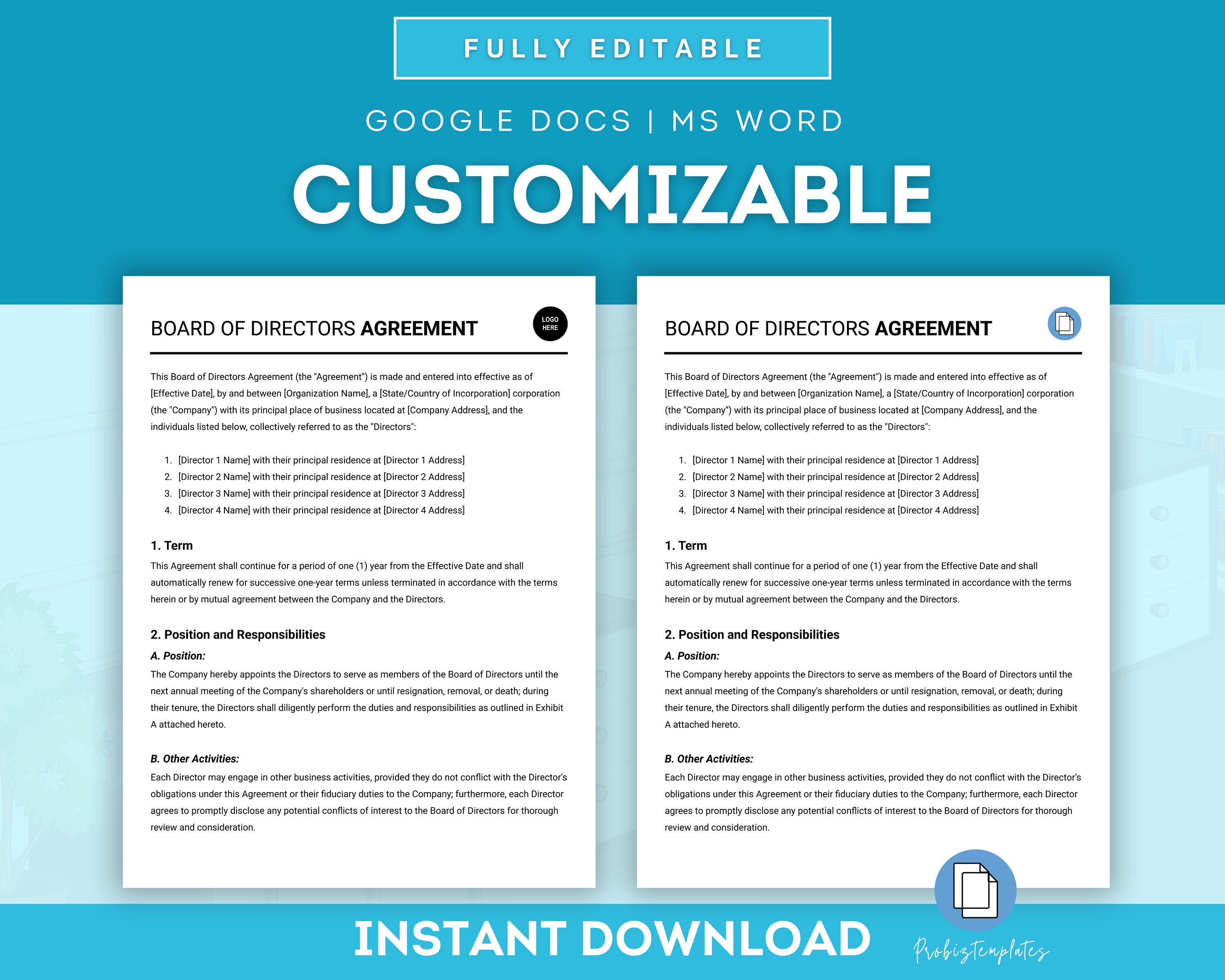 Board of Directors Agreement Template, Board Governance Contract ...