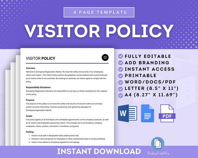 Visitor Policy Template, Company Premises Visitor Guidelines Policy ...