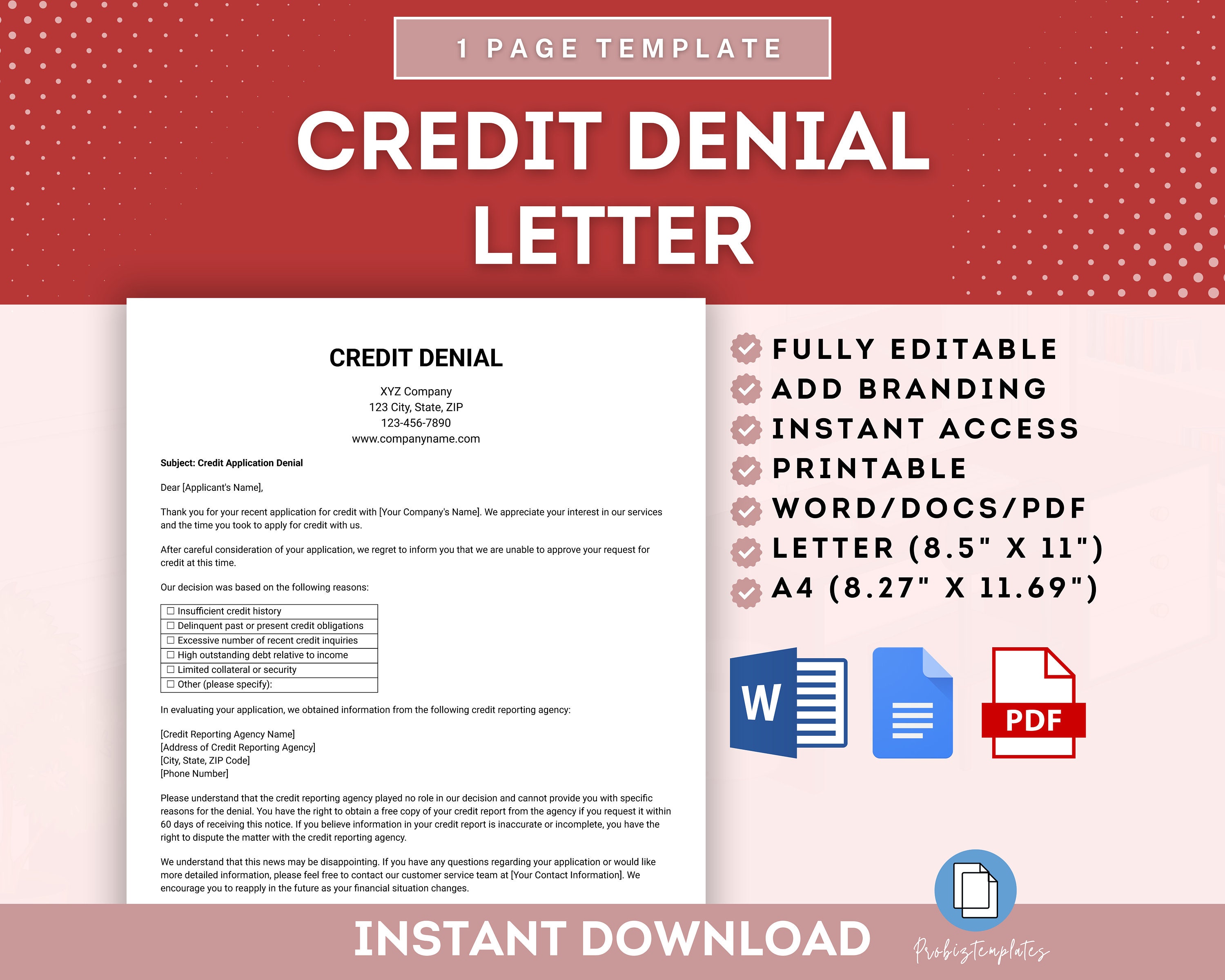 Credit Denial Letter Template, Credit Application Rejection, Loan ...