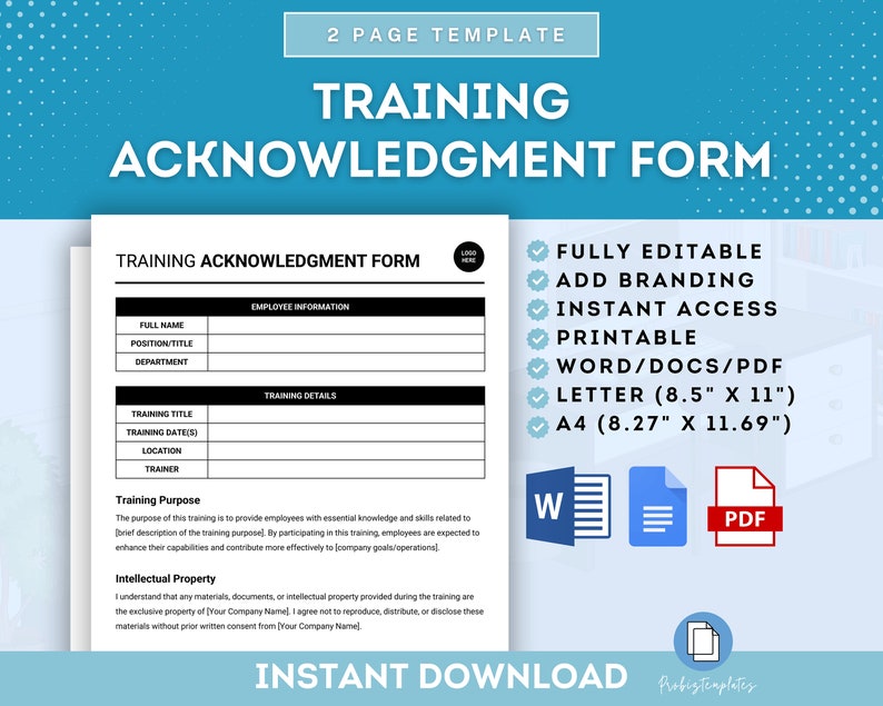 Employee Training Acknowledgment Form, New Hire Training Forms ...