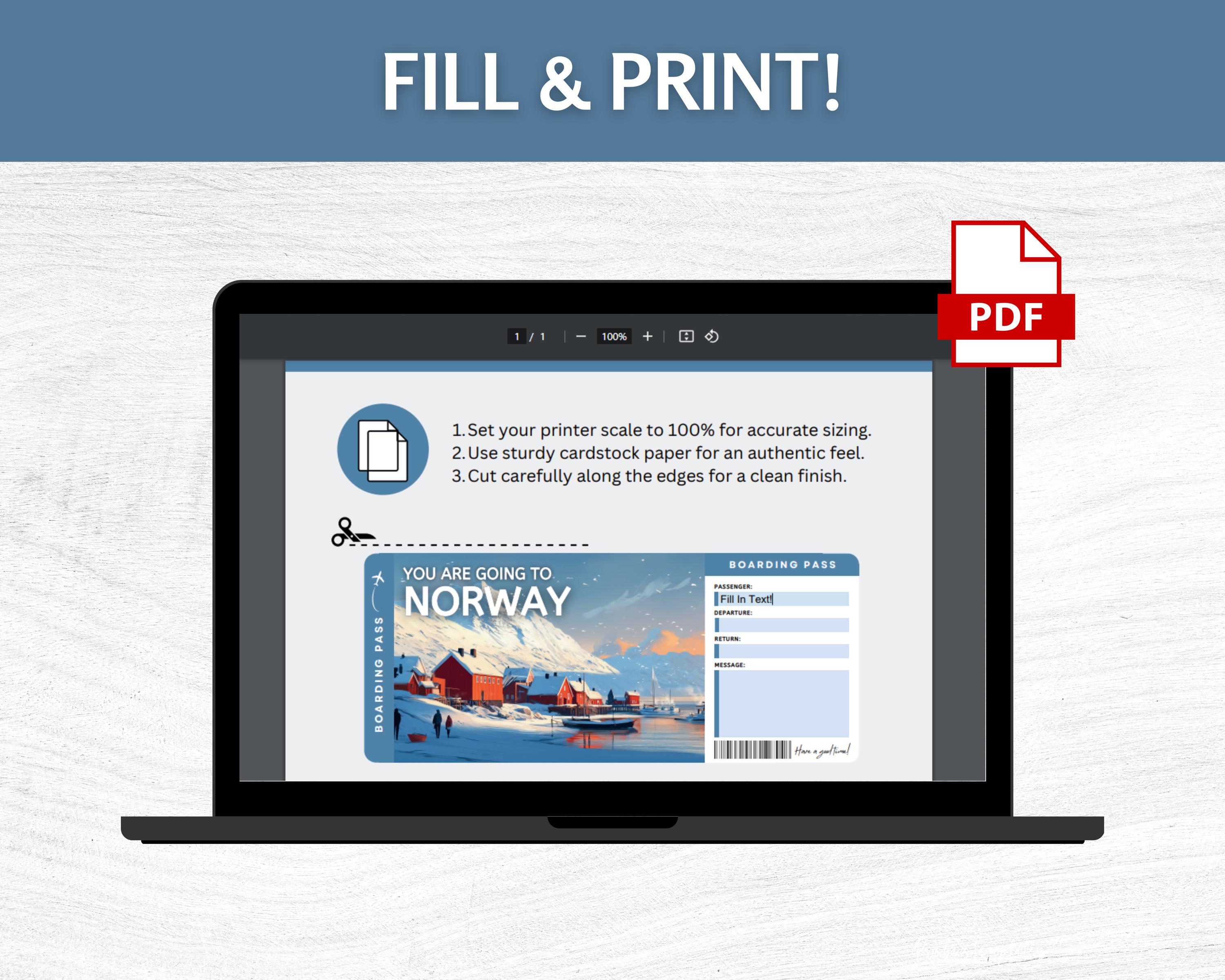 Printable Norway Surprise Gift Ticket, Editable Oslo Boarding Pass ...