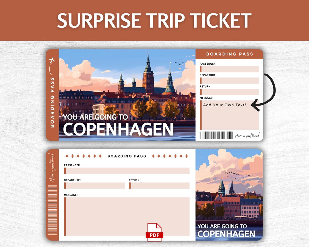 Printable Copenhagen Surprise Gift Ticket, Editable Denmark Vacation ...
